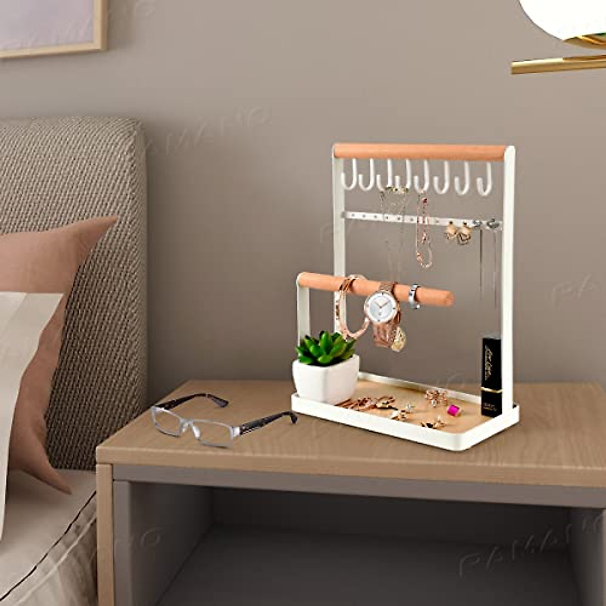 PAMANO Jewelry Organizer Necklace Stand Holder, 4-Tier Hanging Wooden Ring Earring Tray, 8 Hooks Necklaces Storage 12 Earring holes, Bracelets, Rings & Watches Display On Desk Tabletop - White