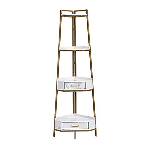 Scoomor Corner Shelf 4 Tier with Drawers, Modern Corner Bookshelf, Free Standing Storage Rack, Plant Stand for Living Room, Home Office, Kitchen, Small Spaces, 72.64’’ Tall (Gold)