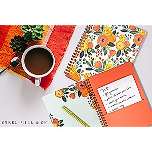Steel Mill & Co Cute Mini Spiral Notebook, 8.25" x 6.25" Journal with Durable Hardcover and 160 Lined Pages, Orange Floral