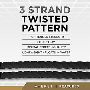 ATERET Twisted 3-Strand Black Polypropylene Rope Monofilament I 1" x 100 Feet I 12,825 lbs. Tensile Strength I Lightweight & Heavy-Duty Synthetic Cord for DIY Projects, Marine, Commercial Use