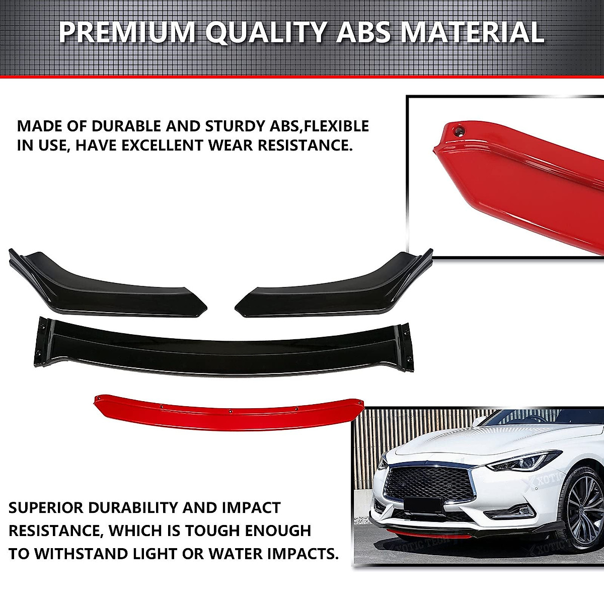 Xotic Tech Front Bumper Lip Chin Spoiler Splitter Diffuser Protector Body Kit with Adjustable 10"-13" Support Splitter Rod Compatible with Honda Accord Civic, Volkswagen MK5 MK6 MK7, Black w/Red