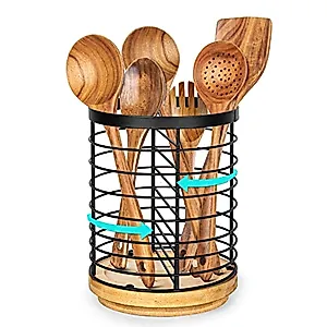Toosci Utensil Holder for Kitchen Counter, Cooking Utensils Holder, Black Metal+Wooden Base Utensil Holder, Breathable and Easy to Dry+Rotatable+Drainage Holes, Kitchen Countertop Utensil Organizer