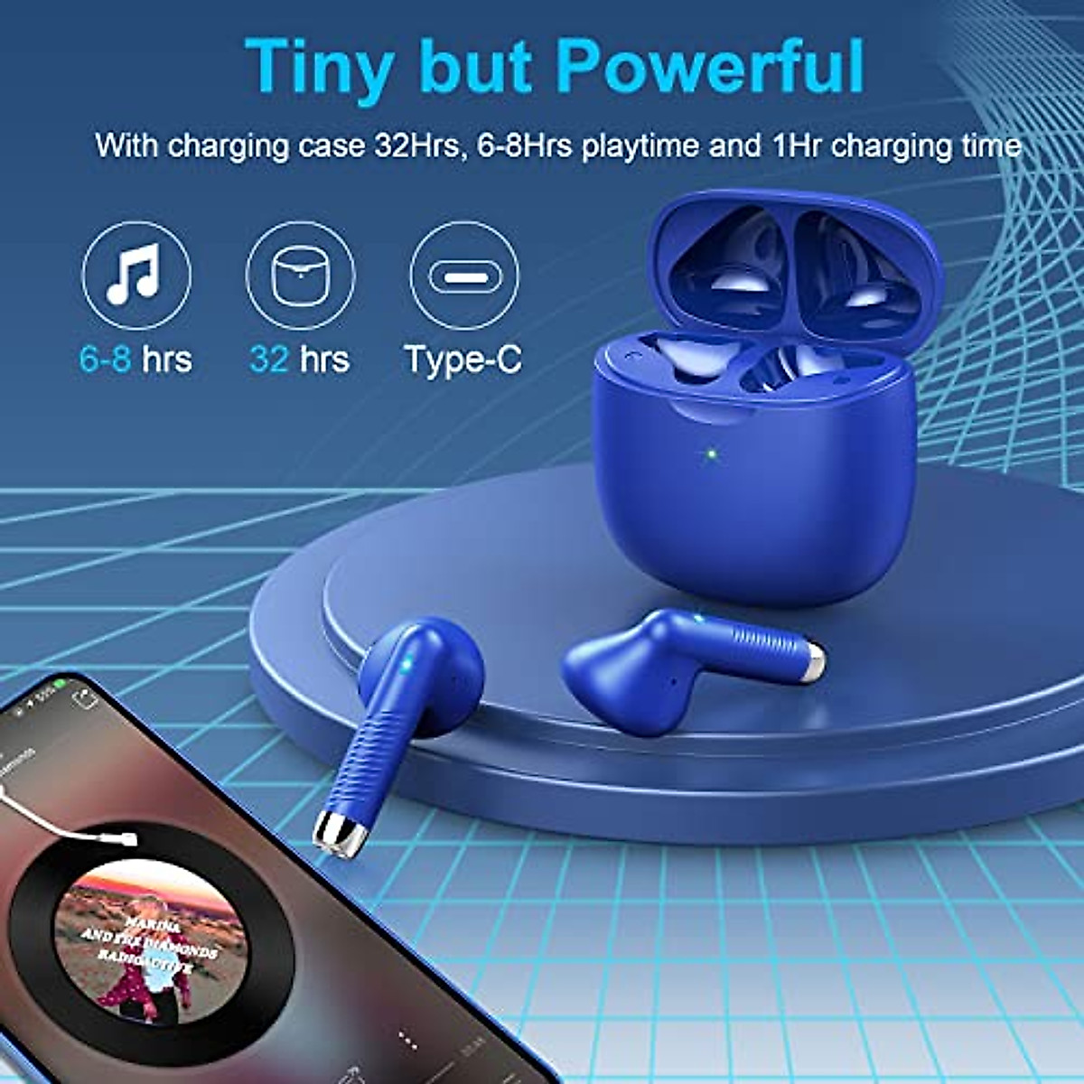 Wireless Earbud, Bluetooth 5.3 Earbud Stereo Bass, Bluetooth Headphones in Ear Noise Cancelling Mic, Earphones I-PX7 Waterproof Sports, 32H Playtime USB C Charging Case Blue Ear Buds for Android iOS