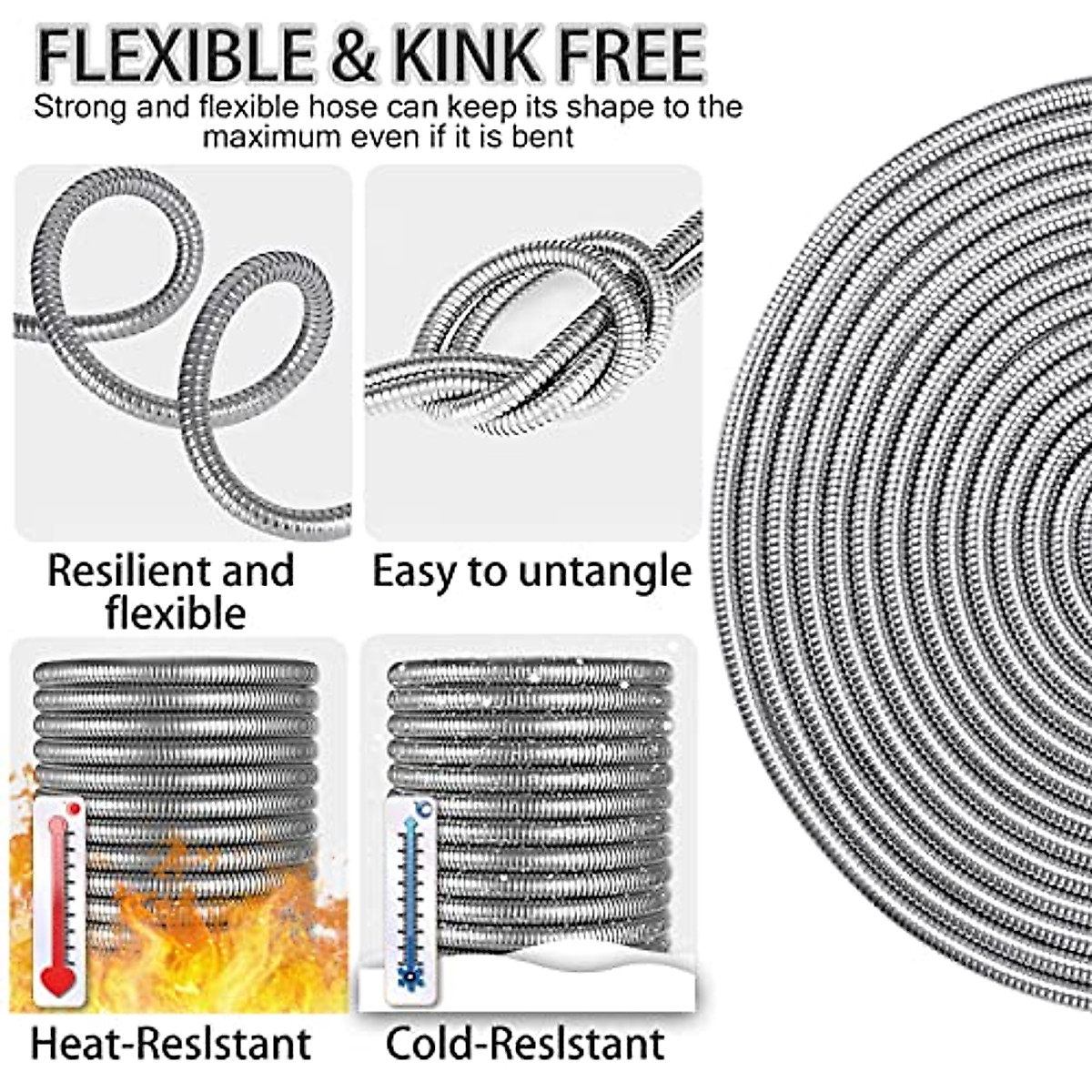 50ft Stainless Steel Metal Garden Hose Heavy Duty Metal Hose with 9 Function Metal Hose Nozzle Flexible, Lightweight, Kink Free & Tangle Free, Pet Proof, Puncture Proof Hose for Yard, Outdoor