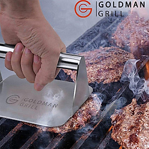 GOLDMAN GRILL Burger Press - Square 5.5inch Stainless Steel Burger Smasher- Perfect Griddle Accessories for Flat Top Grill and Skillet-Nonstick Meat Patty Smasher-Dishwasher Safe