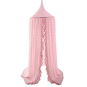 Kids Bed Canopy for Girls, Pink Crib Canopy Princess Hanging Children Canopy Tent, Toddler Girl Canopy Bed Netting for Baby Room Bedroom Reading Nook, Macrame Lace Boho Nursery Canopy with Pom Pom