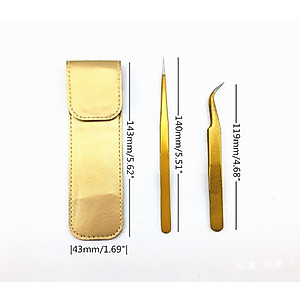 yueton 2pcs Gold Color Coated Stainless Steel Straight and Curved Head Tweezers with Leather Case for Eyelash Extension