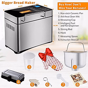 KBS Large 17-in-1 Bread Machine, 2LB All Stainless Steel Bread Maker with Auto Fruit Nut Dispenser, Nonstick Ceramic Pan, Full Touch Panel Tempered Glass, Reserve& Keep Warm Set, Oven Mitt and Recipes