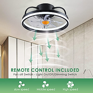 Mpayel Flush Mount Ceiling Fans with Lights and Remote Control，Modern Enclosed Bladeless,15'' Low Profile Ceiling Fan with Stepless Dimming Lighting Fixture for Bedroom Kitchen（Black）……