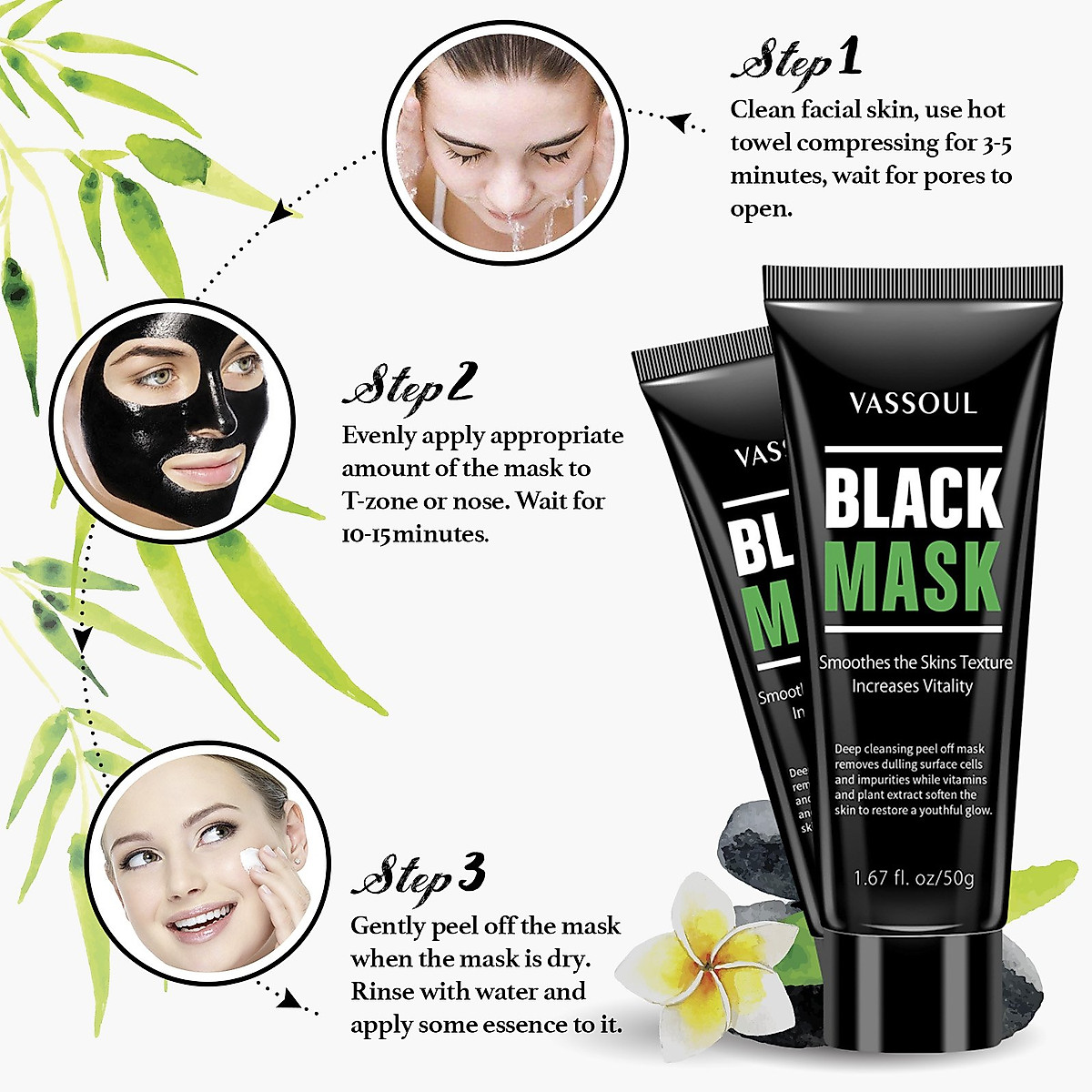 Vassoul Blackhead Remover Mask, Peel Off Blackhead Mask - Deep Cleansing Black Mask, Bamboo Activated Charcoal Peel-Off Mask (V002)