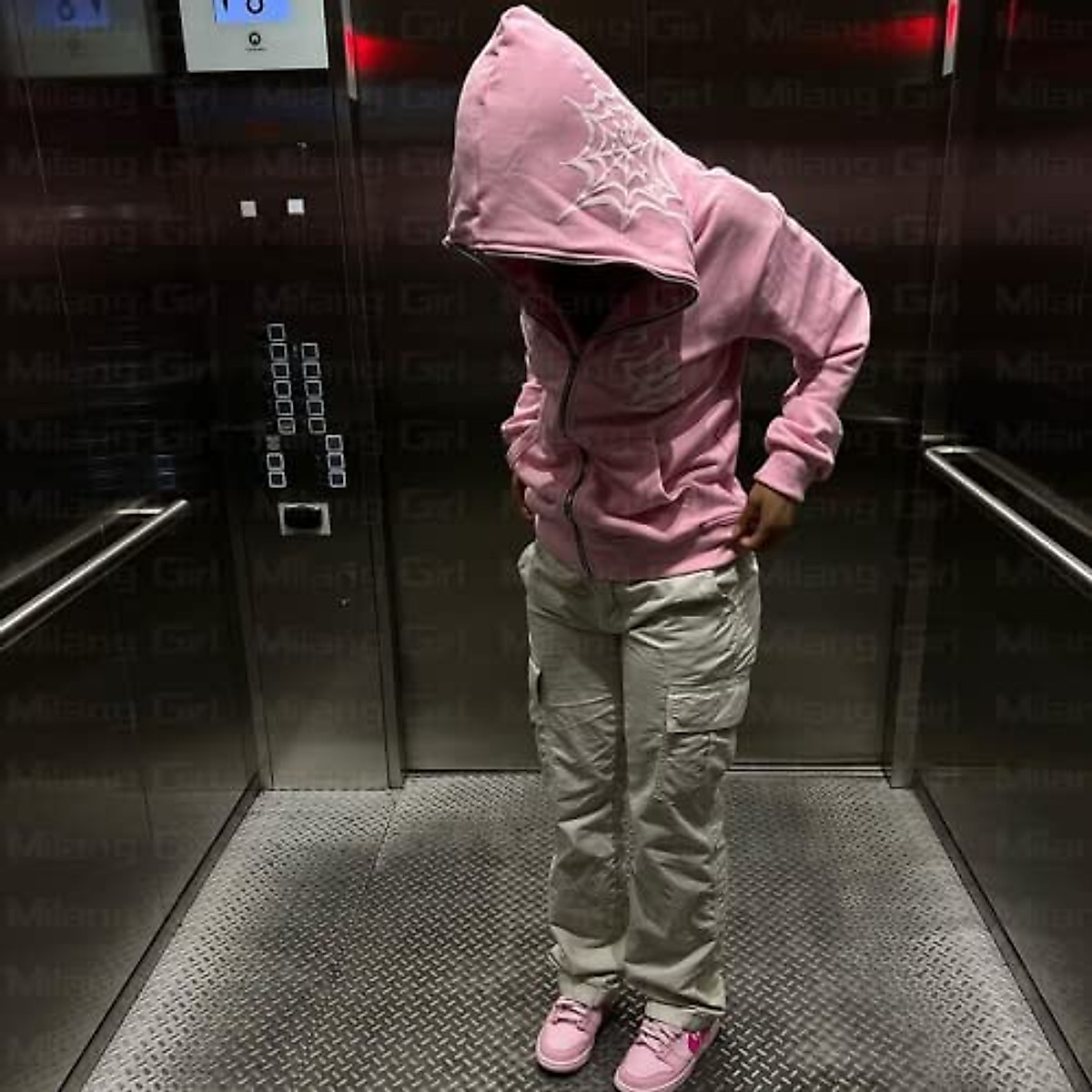 SOIIVRU Y2k Spider Web Print Full Zip Casual Fashion Sweater Hoodie Front and Back (Pink,M,Unisex Adult,Unisex,Adult,US,Alpha,Medium,Regular,Regular)