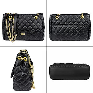 Rejolly Quilted Shoulder Bags for Women PU Leather Ladies Crossbody Handbag Stylish Envelope Purse with Chain Strap (Black)