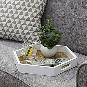 MyGift Hexagonal White Wood Decorative Tray with Handles and Burnt Wood Base, Geometric Serving Tray Ottoman Breakfast Tray