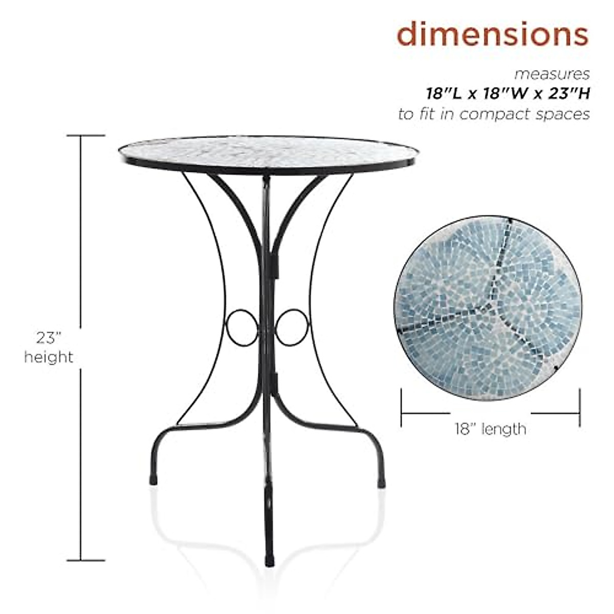 Alpine Corporation 18" Round Indoor/Outdoor Metal Decorative Table with Blue Mosaic Tile Top