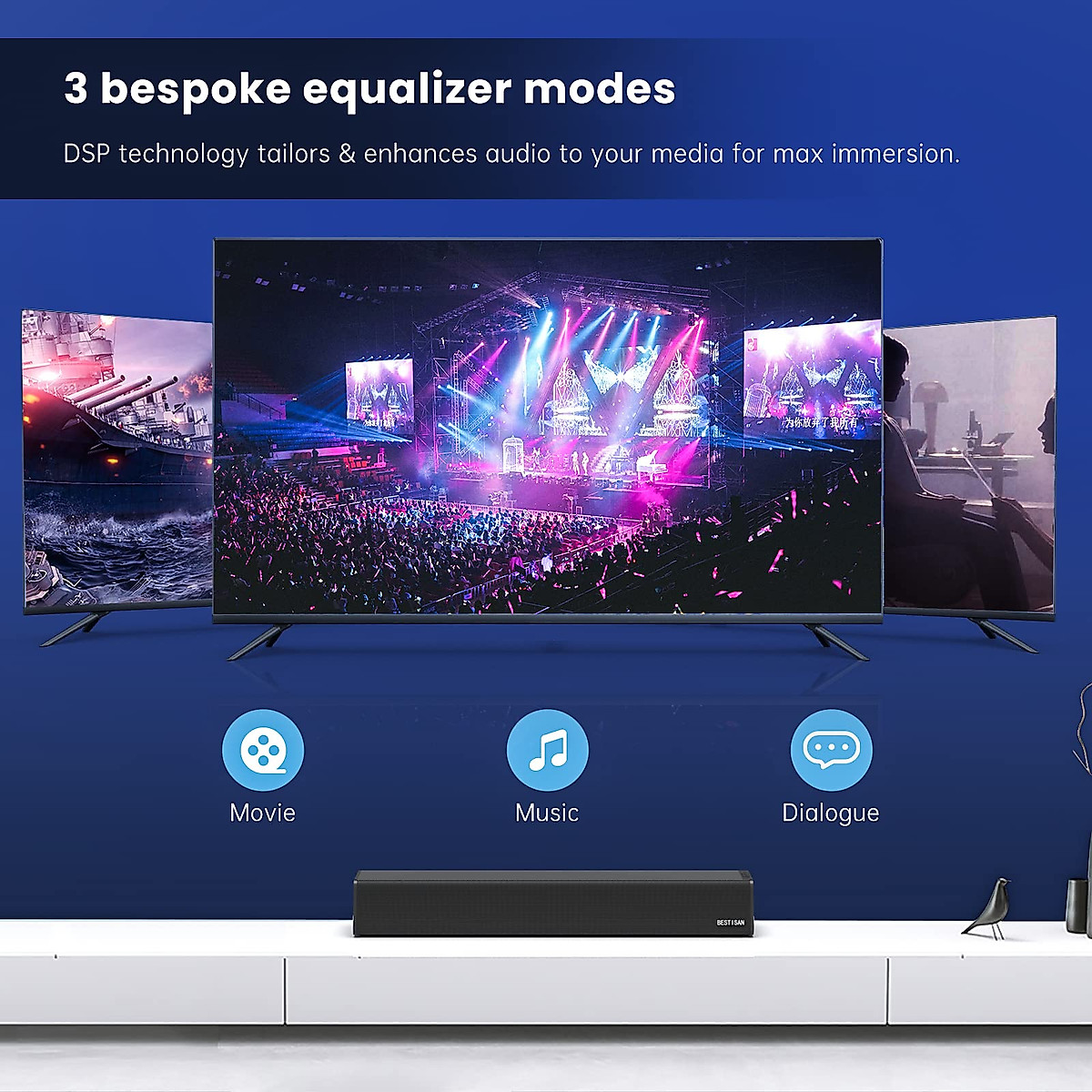 Sound Bar, BESTISAN 50 Watts Soundbar with HDMI, Optical, Coaxial, AUX, USB and Bluetooth Connection, DSP, Bass Adjustable, 16 Inch, Mountable