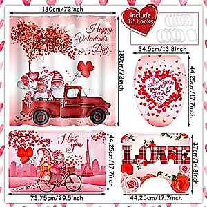 4 Pieces Happy Valentine's Day Shower Curtain Set with Non Slip Rugs Toilet Lid Cover Bath Mat U Shaped Mat Bathroom Gnomes Curtain with 12 Hooks Red Truck Waterproof Shower Curtain Valentines Decor