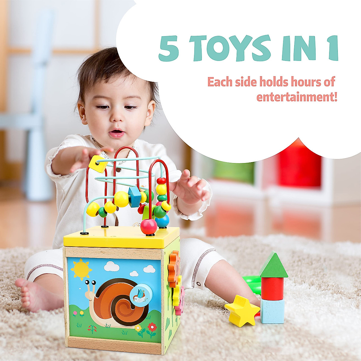 TOY Life Wooden Baby Activity Cube for Toddlers 1-3 Activity Cube Learning Toys for 1 Year Old With Busy Cube Bead Maze for Toddlers 1-3 Educational Toys for 1+ Year old 9 10 Month Old Baby Toys Gifts