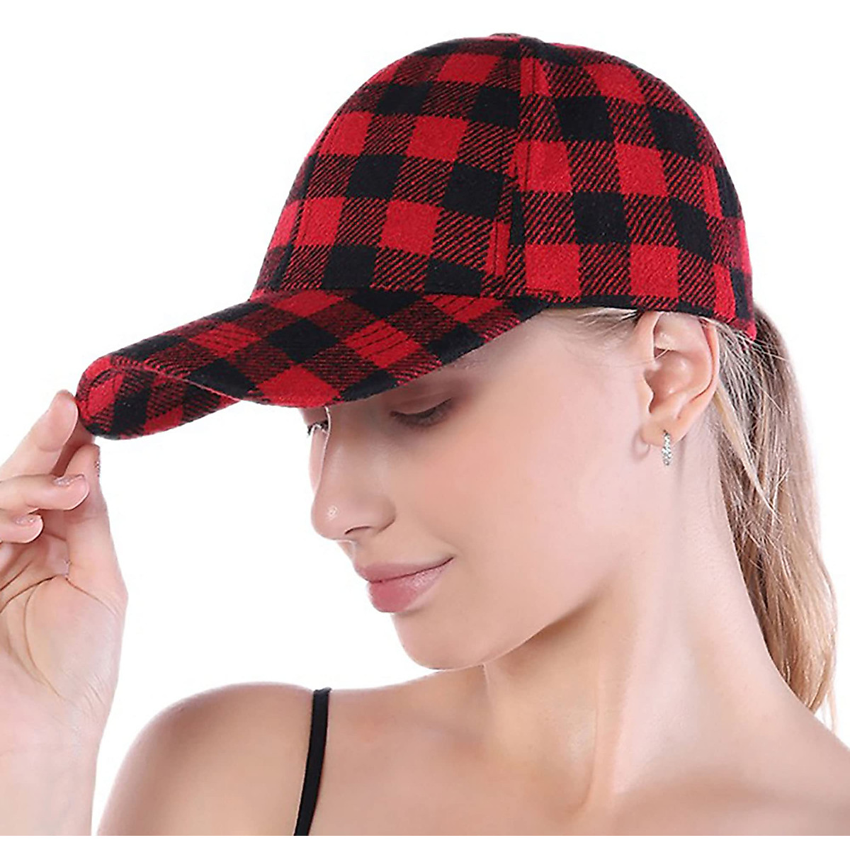 Womens Buffalo-Check Ball-Cap Red-Black-Plaid Baseball-Hat (Red/Balck Plaid, Medium)