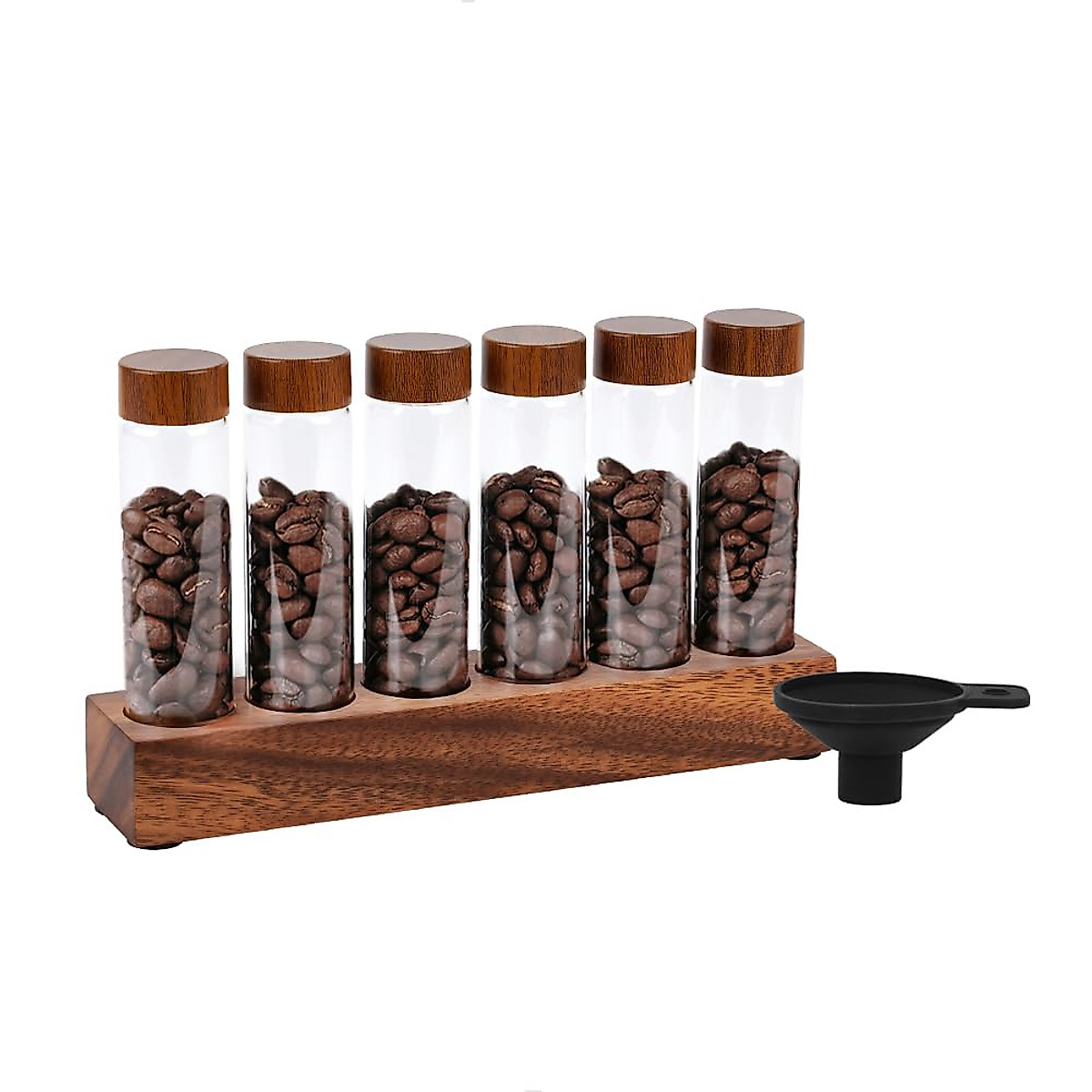watchget 6-Piece Single Dose Coffee Bean Storage Kit with Walnut Wood Base, Glass Vials & Funnel - Airtight Dosing Canisters for Barista Home Brewing, 6 Tubes