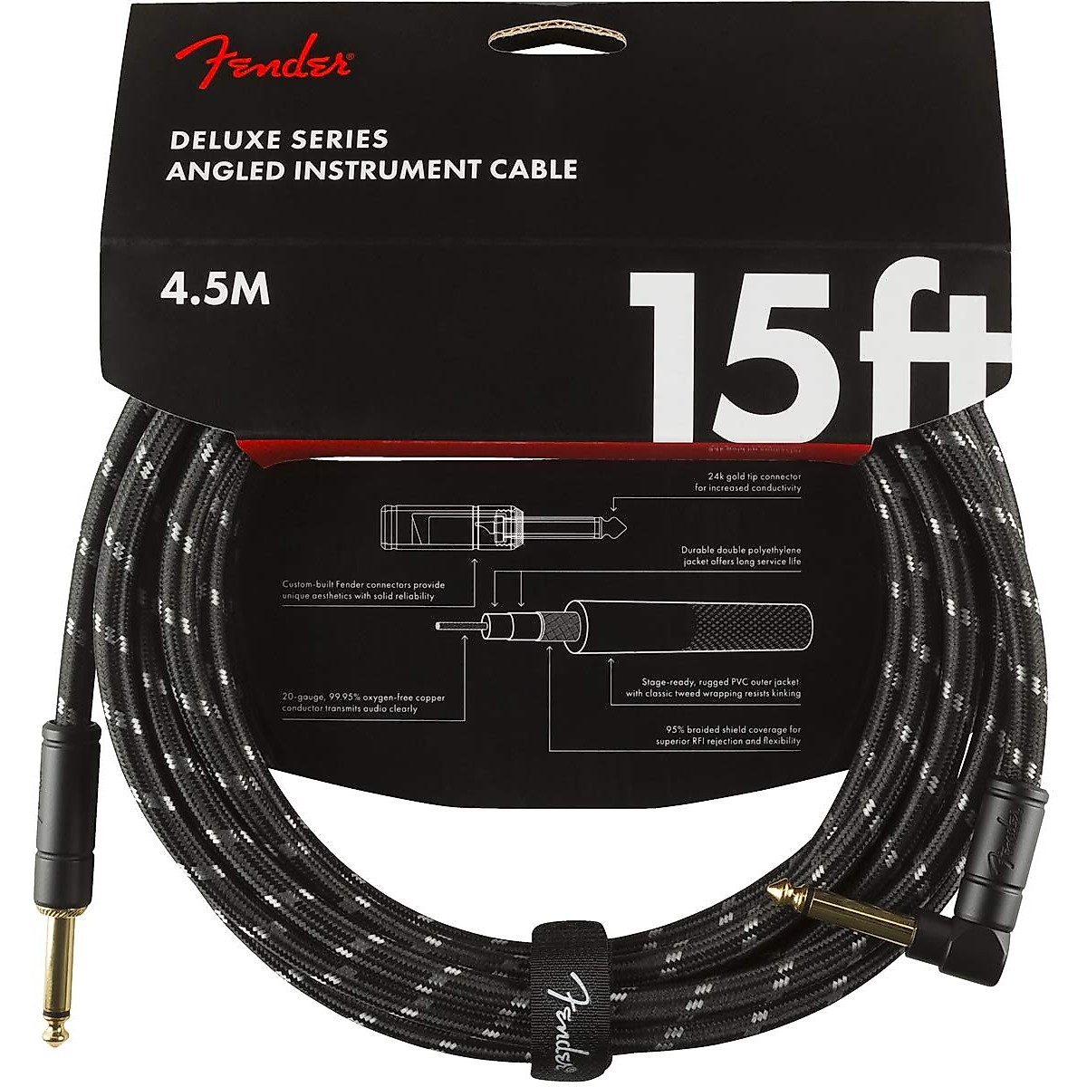 Fender Deluxe Series Instrument Cables, Straight/Angle, Black Tweed and Tweed, 15ft