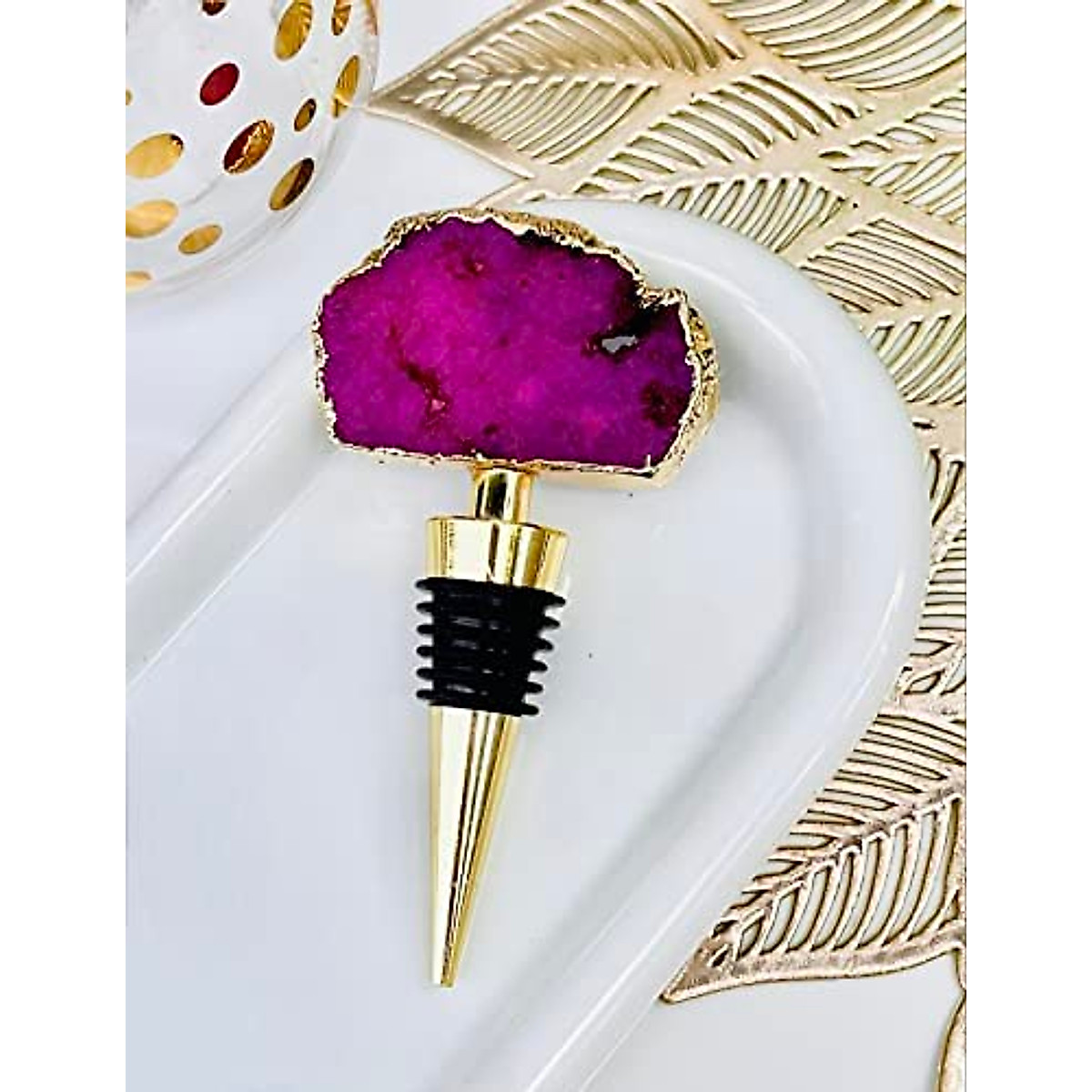 LUXE CRYSTAL CO. Handcrafted Purple Magenta Pink Agate Druzy Gold Natural Crystal Wine Champagne Stopper Handmade Bottle Barware Housewarming Bridal Shower (Pink)