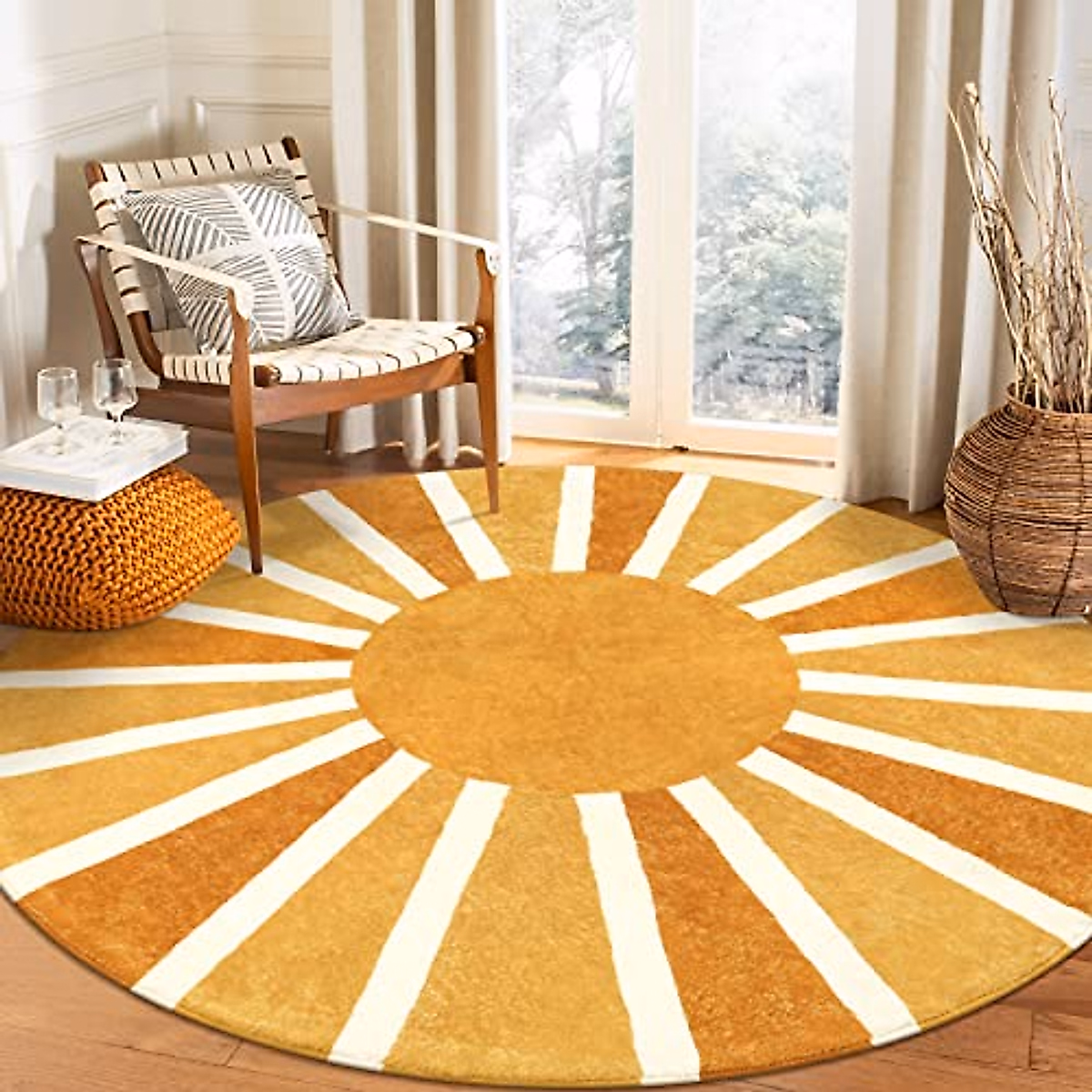 Lahome Boho Round Rugs - 4Ft Washable Non-Slip Small Round Area Rug Throw Soft Sofa Kids Nursery Room Rug Rainbow Sun Print Distressed Round Carpet for Bedroom Entryway Living Room Dining Room
