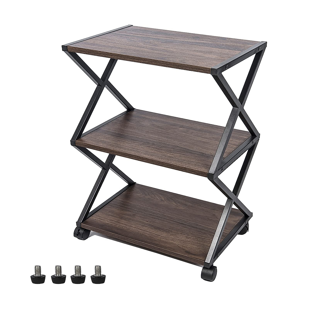NOZE 3 Tiers Mobile Printer Stand Rolling Printer Cart with Wheels Industrial Machine Storage Shelf Wood and Metal Desk Printer Table for Home Office, Dark Walnut…