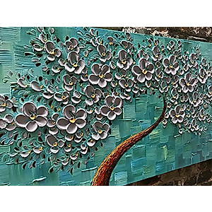 YaSheng Art - 100% hand painted Oil Painting On Canvas Texture Palette Knife silver Flowers Paintings Modern Home Decor Wall Art Painting 3D Abstract Artwork Paintings (20x40inch)