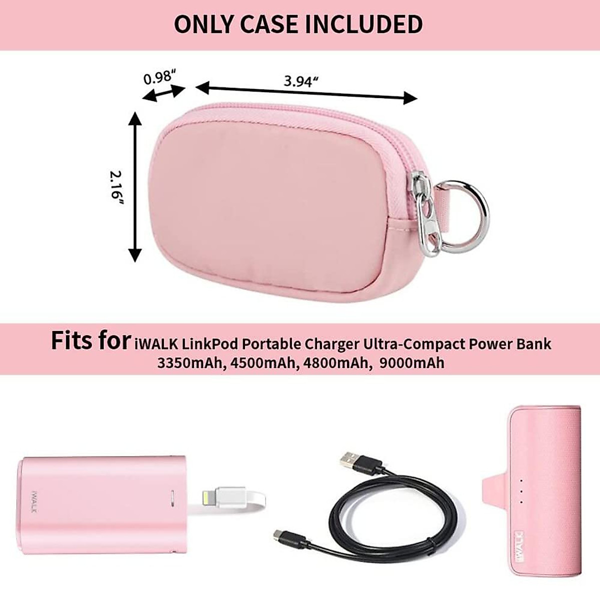 CaSZLUTION Small Travel Case Compatible with iWALK Mini/iWALK LinkPod Portable Charger 3350mAh, 4500mAh, 4800mAh, 9000mAh Ultra-Compact Power Bank Carrying Case Bag, Pink (Case Only)