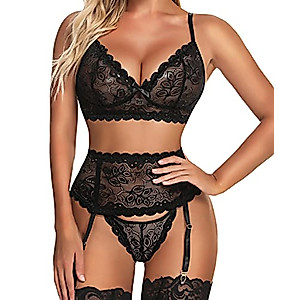 KYLELOVE Women Lingerie Teddy Bodysuit with Garter Belt Lace Babydoll Chemises S-XXL Black X-Large