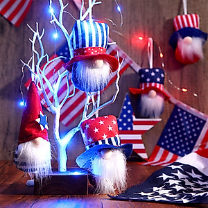 8 Pieces Patriotic 4th of July Gnome Ornaments American Independence Day Decorative Plush Dolls USA Classic Hanging Gnome with 6.6 Feet LED Light Chains for Home Garden Decoration, 8 Styles