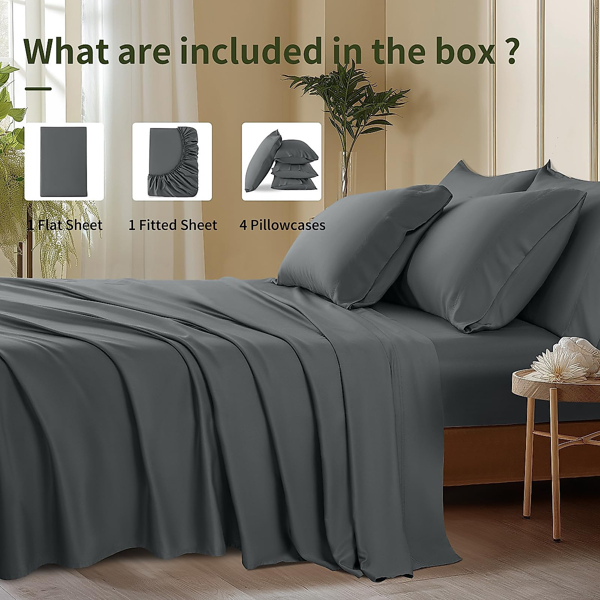 Shilucheng 6-Piece Sheets Set，Rayon Derived from Bamboo_ Sheets, Cooling & Breathable Bed Sheets, Silky Bedding Sheets & Pillowcases, 16 Inch Deep Pockets(Queen,Dark Grey)