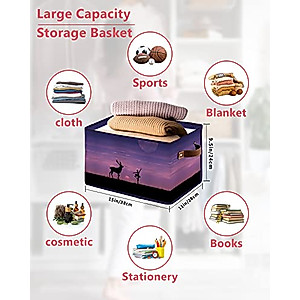 1 Pack Forest Deer Cube Storage Organizer Bins with Handles,Collapsible Canvas Cloth Fabric Storage Basket,Wild Purple Starry Sky Sunset Dancing Women Books Kids' Toys Bin Boxes for Shelves,Closet