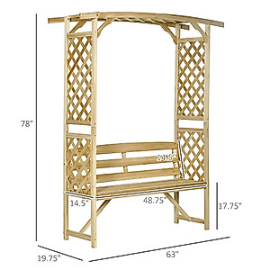 Outsunny Patio Garden Bench Arbor Arch with Pergola and 2 Trellises, 3 Seat Natural Wooden Outdoor Bench for Grape Vines & Climbing Plants, Backyard Decor, Natural