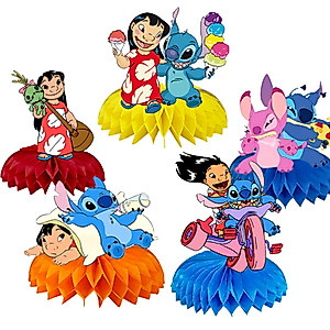 5Pcs Stitch Party Decorations Honeycomb Centerpieces Topper Stitch Birthday Party Supplies Table Decorations for Party Baby Shower Living Dining Room