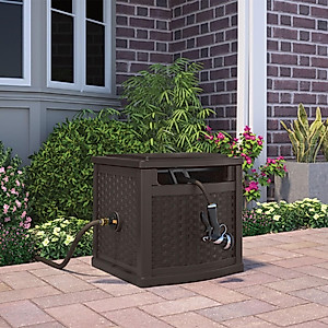 Suncast 150 Foot Slide Trak Outdoor Garden Wicker Resin Water Hose and Reel Hideaway with Brass Connections for Patio or Backyard, Java