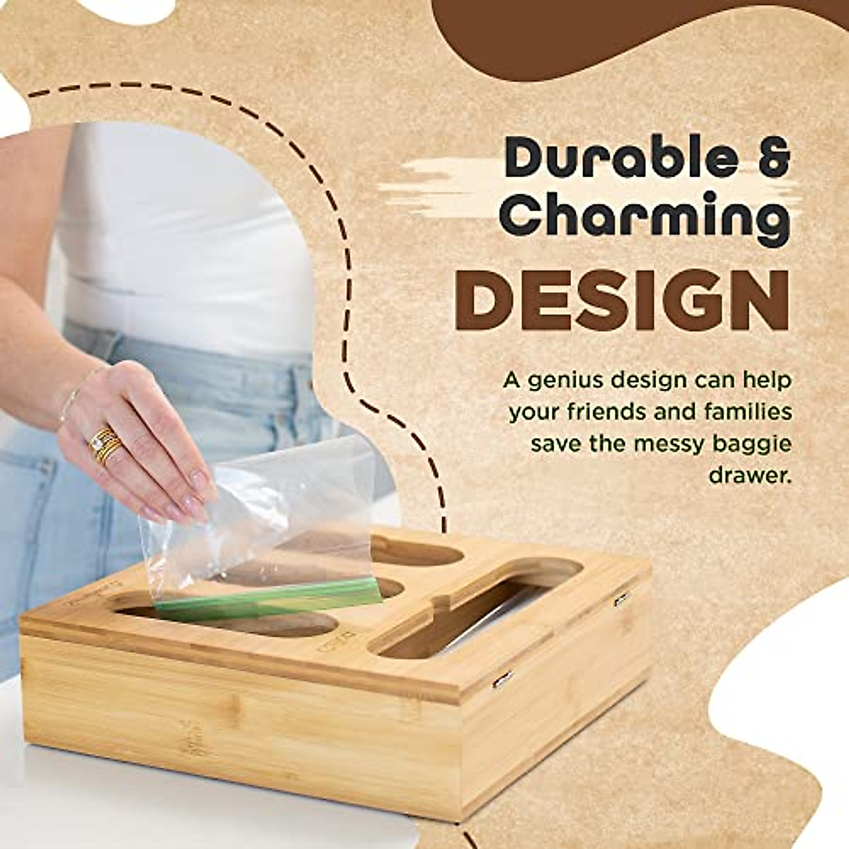 Spirack Ziplock bag organizer-Kitchen Drawer Organizer, Pantry Organization and Storage-Compatible with Gallon, Quart, Sandwich, and Snack Food Bags, Bamboo Baggie Organizer, with Hinged Lid (4 Slot)