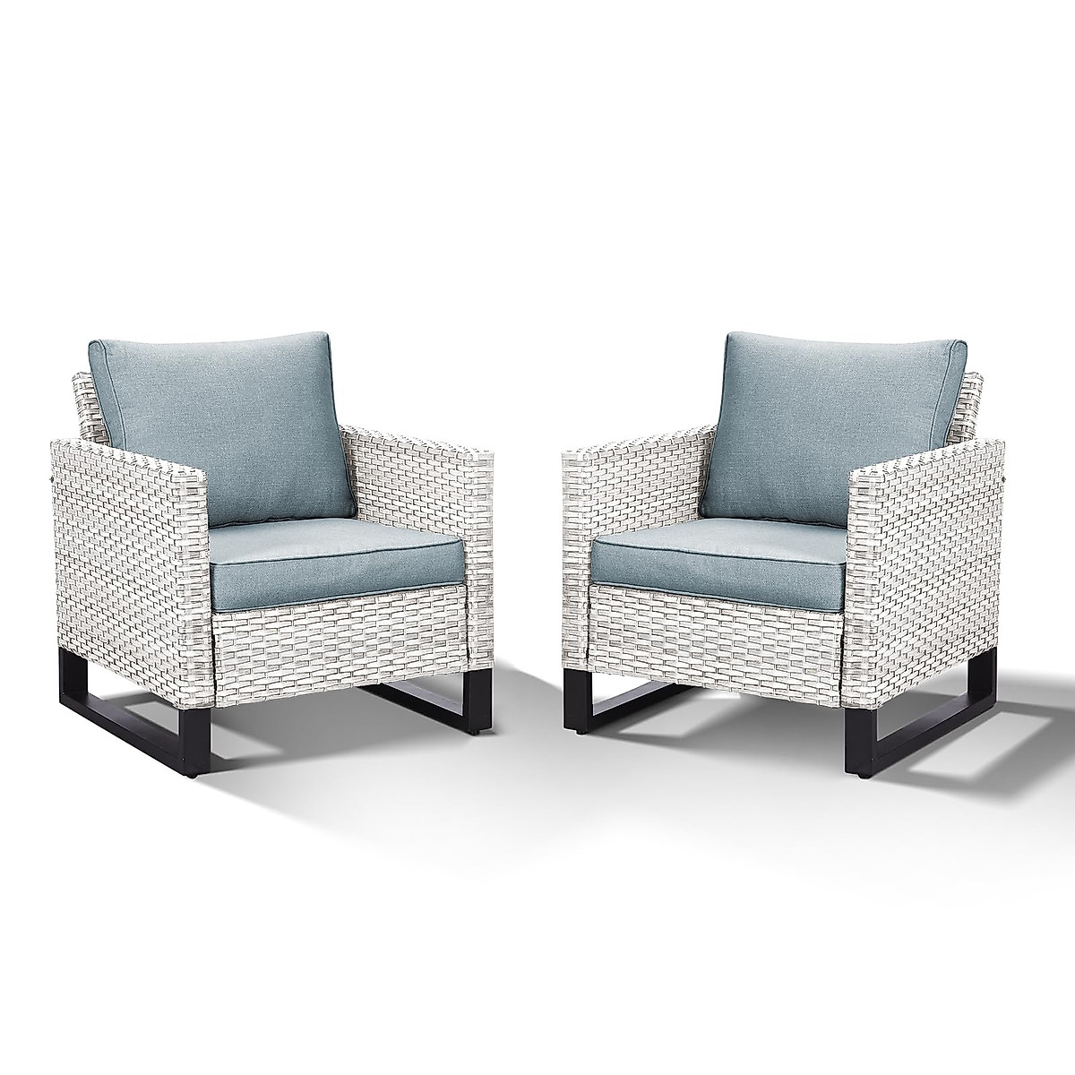 HUMMUH Outdoor Chairs PE Wicker Patio Dining Chairs Set of 2 Metal Frame Porch Chairs with 4 inch Seat Light Blue Cushions