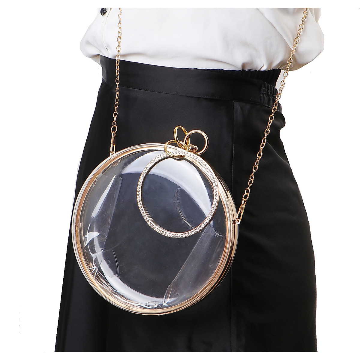 Cirilla Women Acrylic Transparent Round-Cake Clutch Evening Handbag Jeweled Ring Handle for Wedding Cocktail Party Banquet (clear)