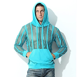 Men's Fishnet Hoodie Shirt Striped Mesh Sheer See Thru Muscle Top Gym Workout Active Shirts Summer Baggy Loose Tee Shirts Blue - Long Sleeve X-Large