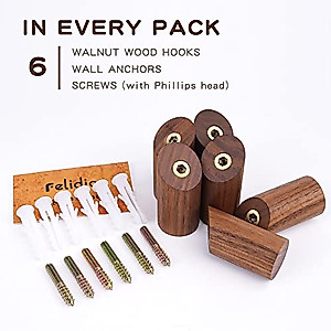 Felidio 6 Pack Wood Hooks, Natural Coat Hooks Wall Mounted - Rustic Heavy Duty Wall Hooks for Hanging Towels Coats - Entrance Hat Rack Coat Rack Wall Hanger (Walnut Wood)