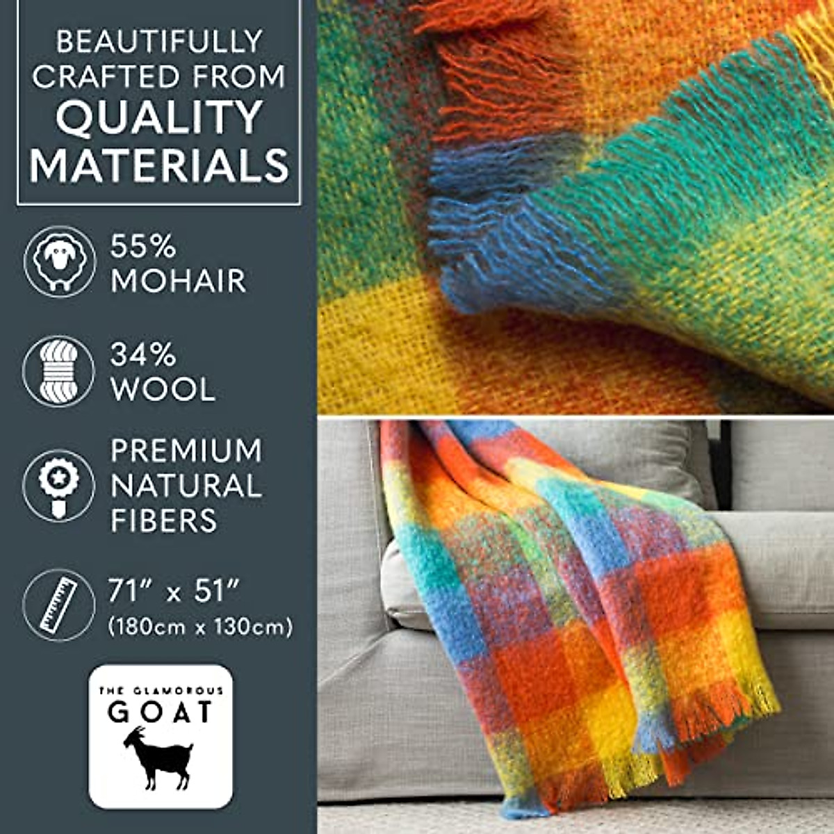 Mohair Wool Throw Blanket - 55% Mohair 34% Wool, Ultra Soft and Fluffy, Warm and Cosy Ethically-sourced Mohair and Wool Throw. 71” x 51”. Hemp Carrier Bag Included (Otago Spring)