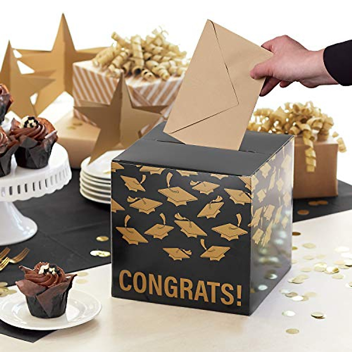 Hallmark 8" Graduation Card Box (Gold and Black, "Congrats!") Foldable Cardboard Box for Grad Parties and Open Houses