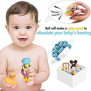 bopoobo Baby Wooden Rattle-5PCS Natural Crochet Bear Organic Montessori Wood Toys Montessori Toys for Babies Wooden Baby Toys Wooden Infant Teething Ring Baby Rattle for 0-6 Months and 6-12 Months