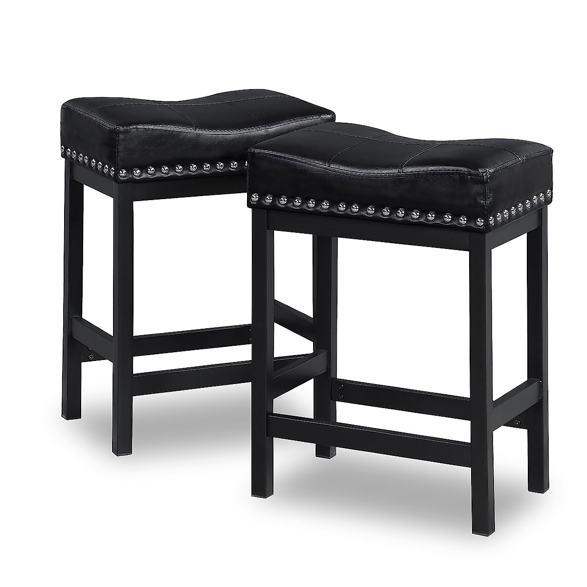 OUllUO Black Bar Stools Set of 2, Counter Height Bar Stools, Saddle Barstools, Pu Leather Stools with Metal Frame for Kitchen Island, 918P-BK