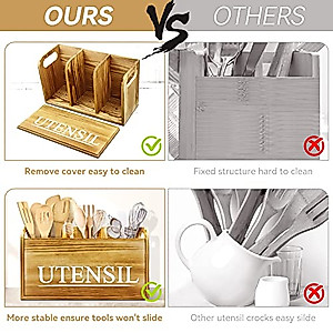 brekle Rustic Kitchen Utensil Holder Larger Wooden Utensil Holder for Kitchen Counter 3 Compartment for Efficient Utensil Organizer and Cooking Tools Storage