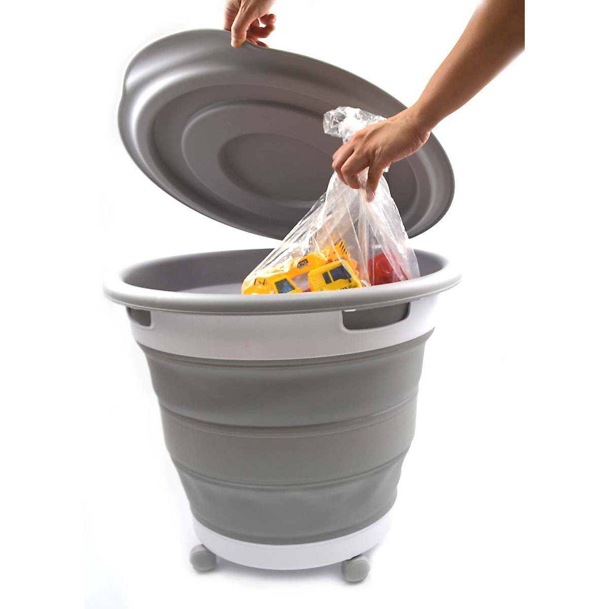 SAMMART 66L(17.4 Gallon) Collapsible Plastic Garbage Bin with Wheels & Removable Lid-Foldable Pop Up Container-Portable Washing Tub-Space Saving Basket,Water Capacity 56L(14.8 Gallon) (1, Grey)