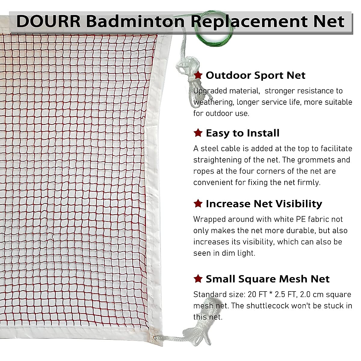 DOURR Badminton Tournament Net with Rope Cable (20 FT x 2.5 FT) (with Steel Rope Cable)