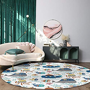 Round Modern Area Rug Mats for Living Room Cute Submarine Whale Fish Octopus Cartoon Ocean Sea Life Pattern Non-Slip Floor Mat Carpet Soft Throw Rug Comfort Accent Rug for Kitchen/Kids Room