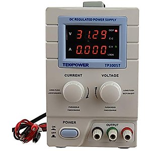 Tekpower TP3005T Variable Linear DC Power Supply, 0-30V @ 0-5A with Alligator Test Leads (110V Input)